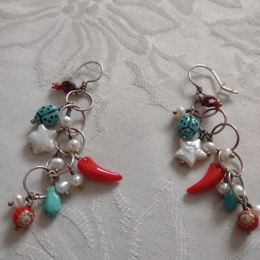 Red Chilli Pepper Ladybug Pearls Cluster Dangle Earri… - Gem